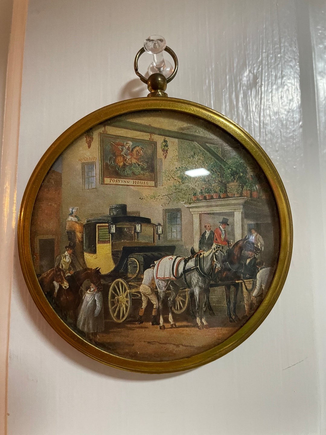 Vintage Round Miniature Picture of Stagecoach Midcentury Decor Pocket ...