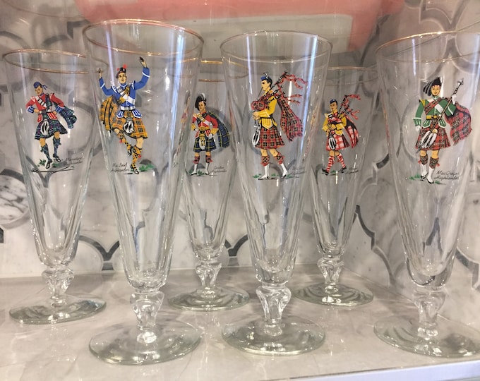 Vintage Scottish Highlander Pilsner Beer Glasses Set of 6 Wallace ...