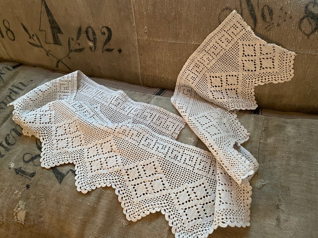 Antique Crocheted Filet Lace Handmade Trim or Valance Farmhouse Rustic ...