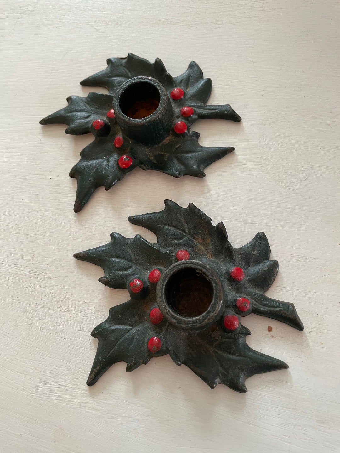Vintage Cast Iron Christmas Candle Holders Set of Two Holly and Berries ...