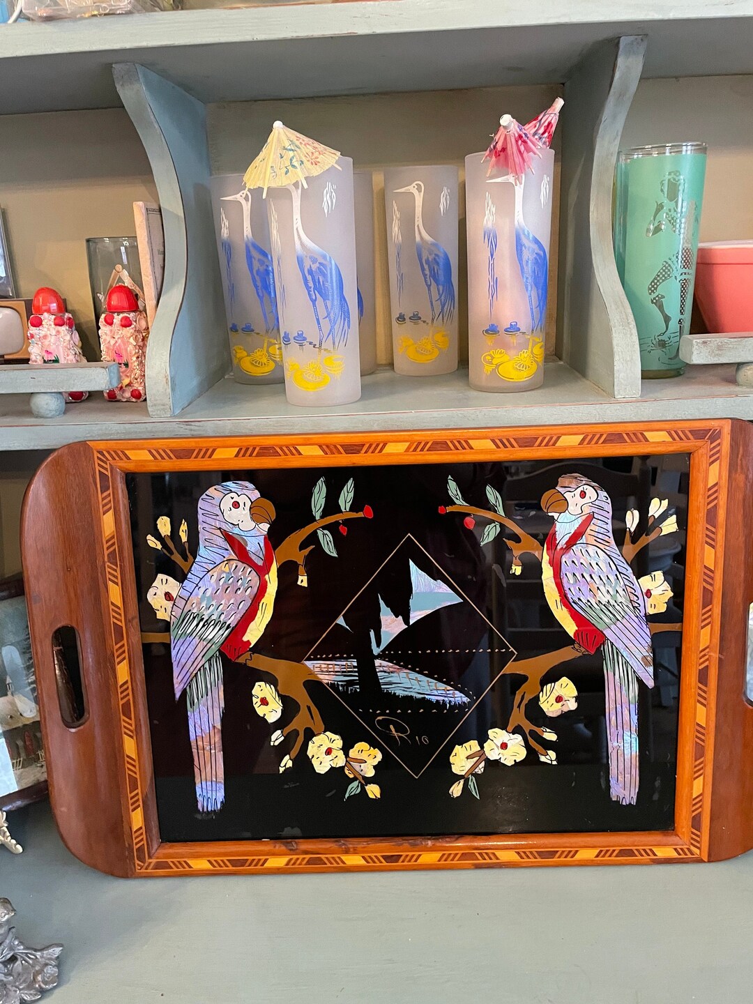 Vintage Serving Tray Inlaid Wood With Butterfly Wings Under Glass ...