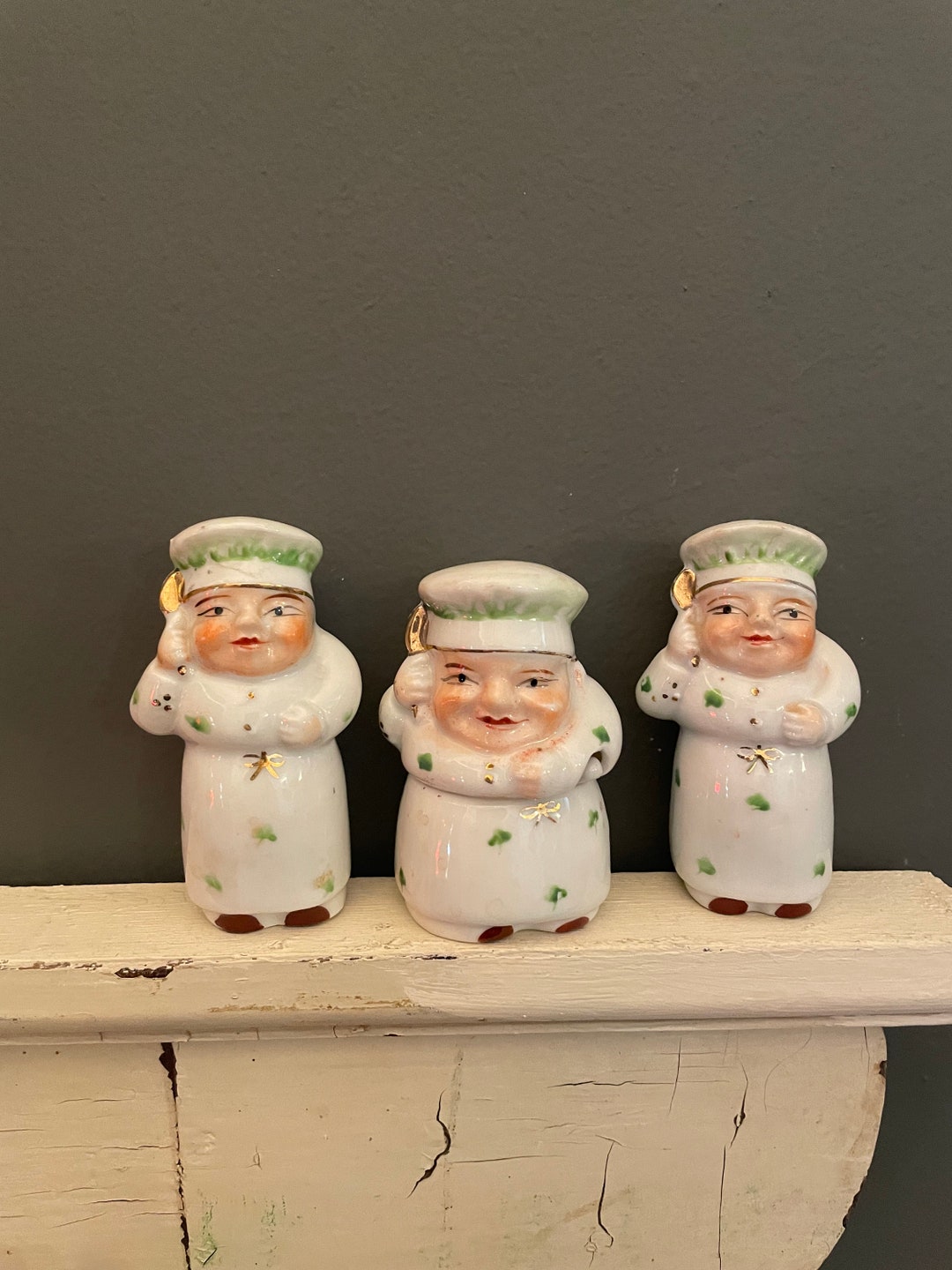 Vintage Bakers Set Three Piece Figurine Salt and Pepper and Mustard Jar ...