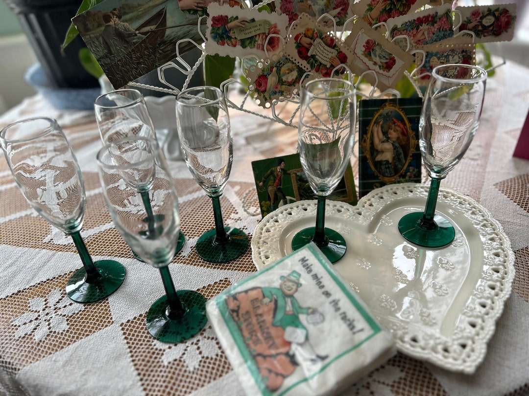 Vintage Emerald Green Wine Glasses Cut Glass Octagonal Stems Set of 6 ...