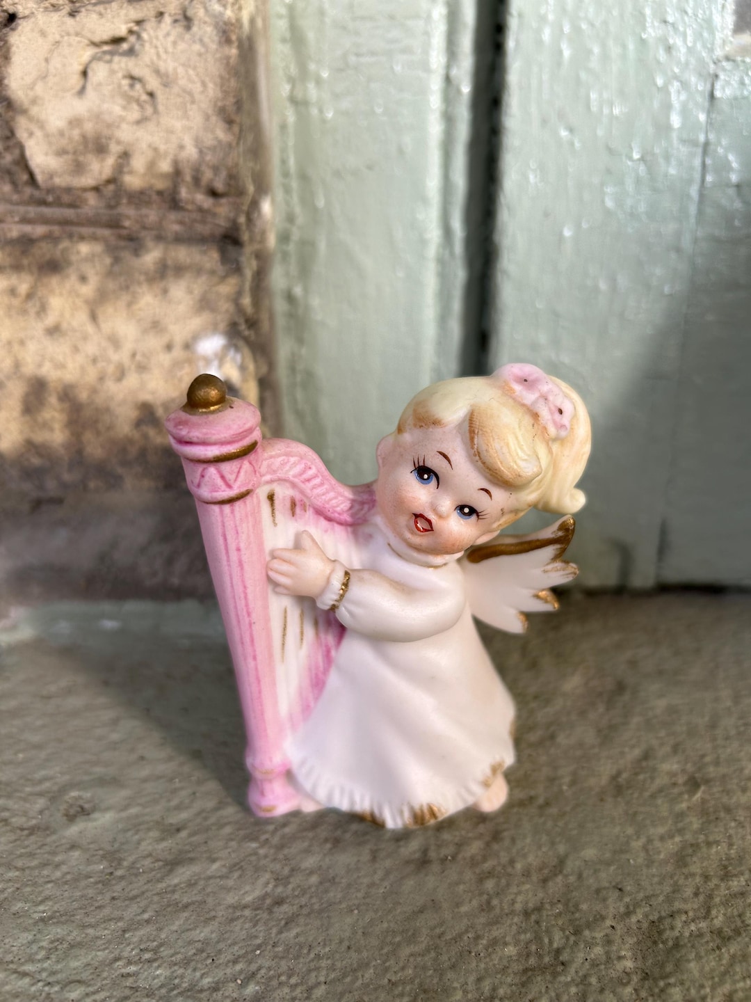Vintage Angel With Harp Figurine Christmas Decor Pink Bisque - Etsy