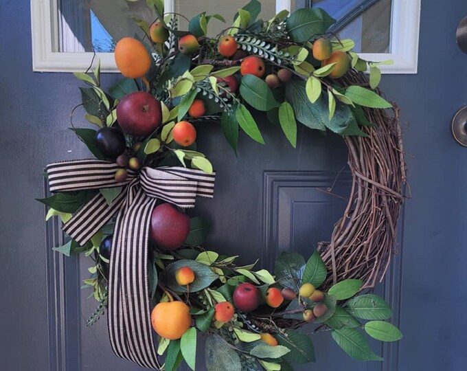 Fall Apple Wreath, Mixed Fruit Door Hanger, Autumn Harvest Door Decor ...