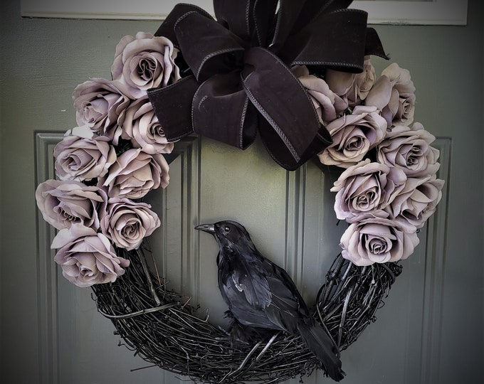 Halloween Raven Wreath, Gothic Crow Wreath, Black Fall Door Hanger ...