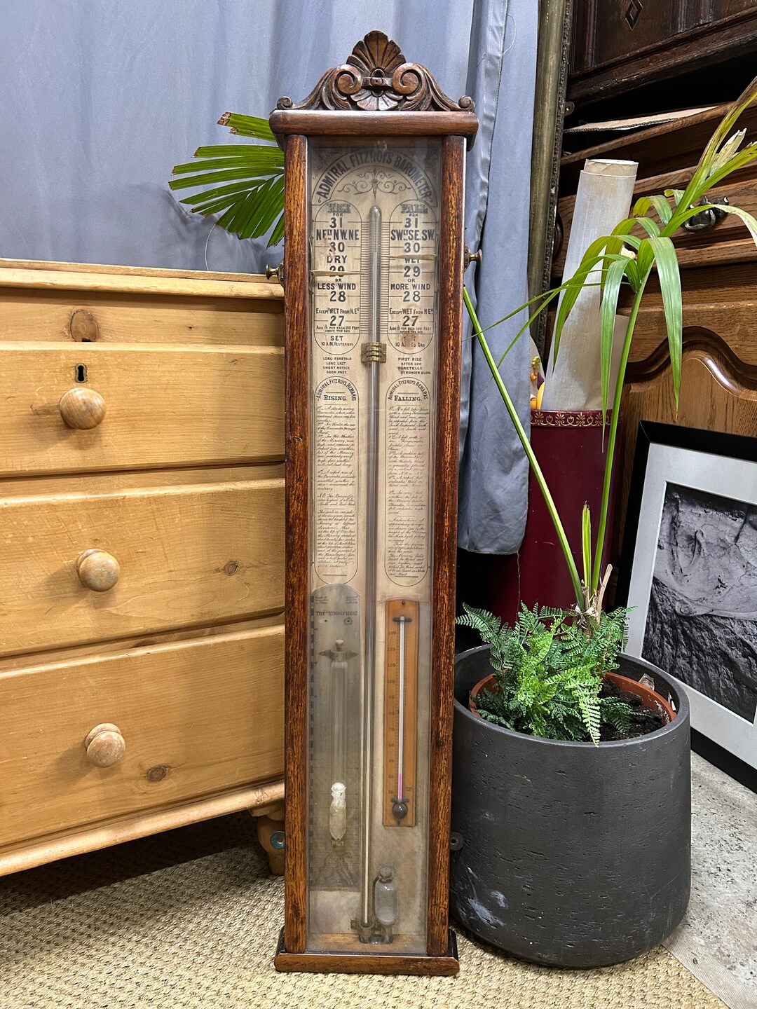 Antique Admiral Fitzroy Oak Long Cased Barometer Thermometer Weather ...