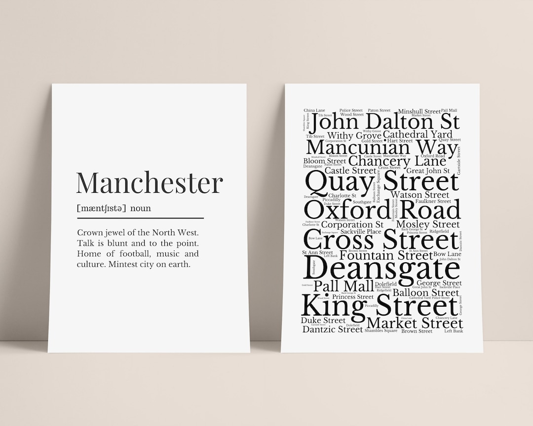 Manchester Definition and Street Print Set, Manchester Prints, Prints ...