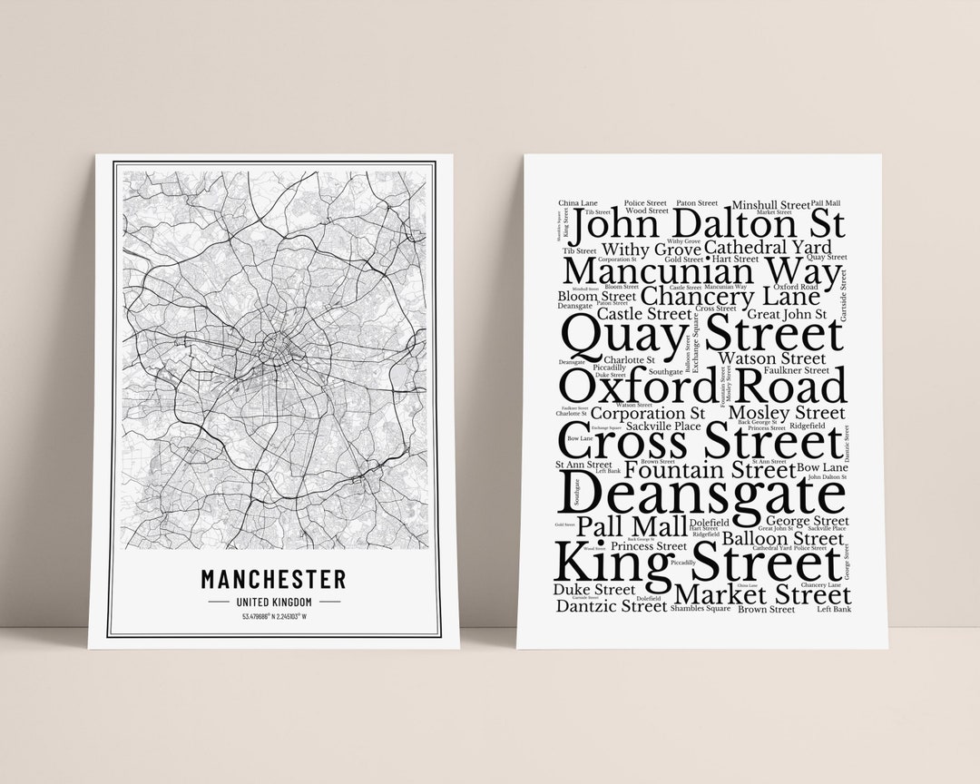 Manchester Map and Street Print Set Manchester Prints Prints - Etsy