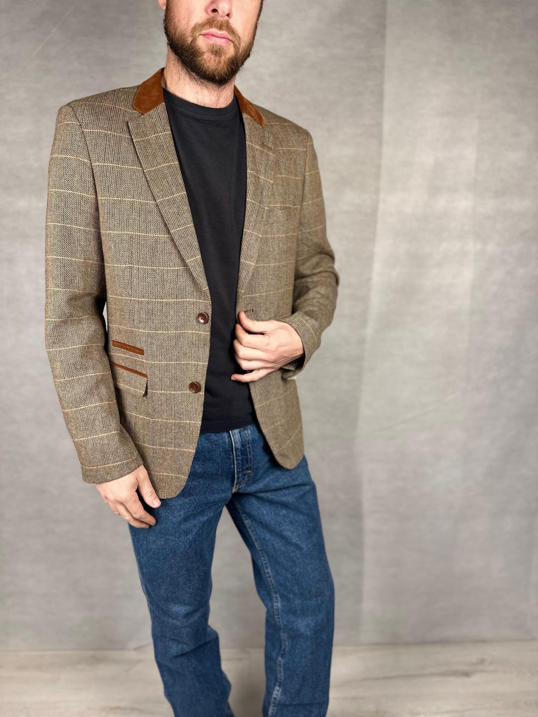 DX7 Tan Tweed Check Blazer, Vintage English Blazer, Classic English ...