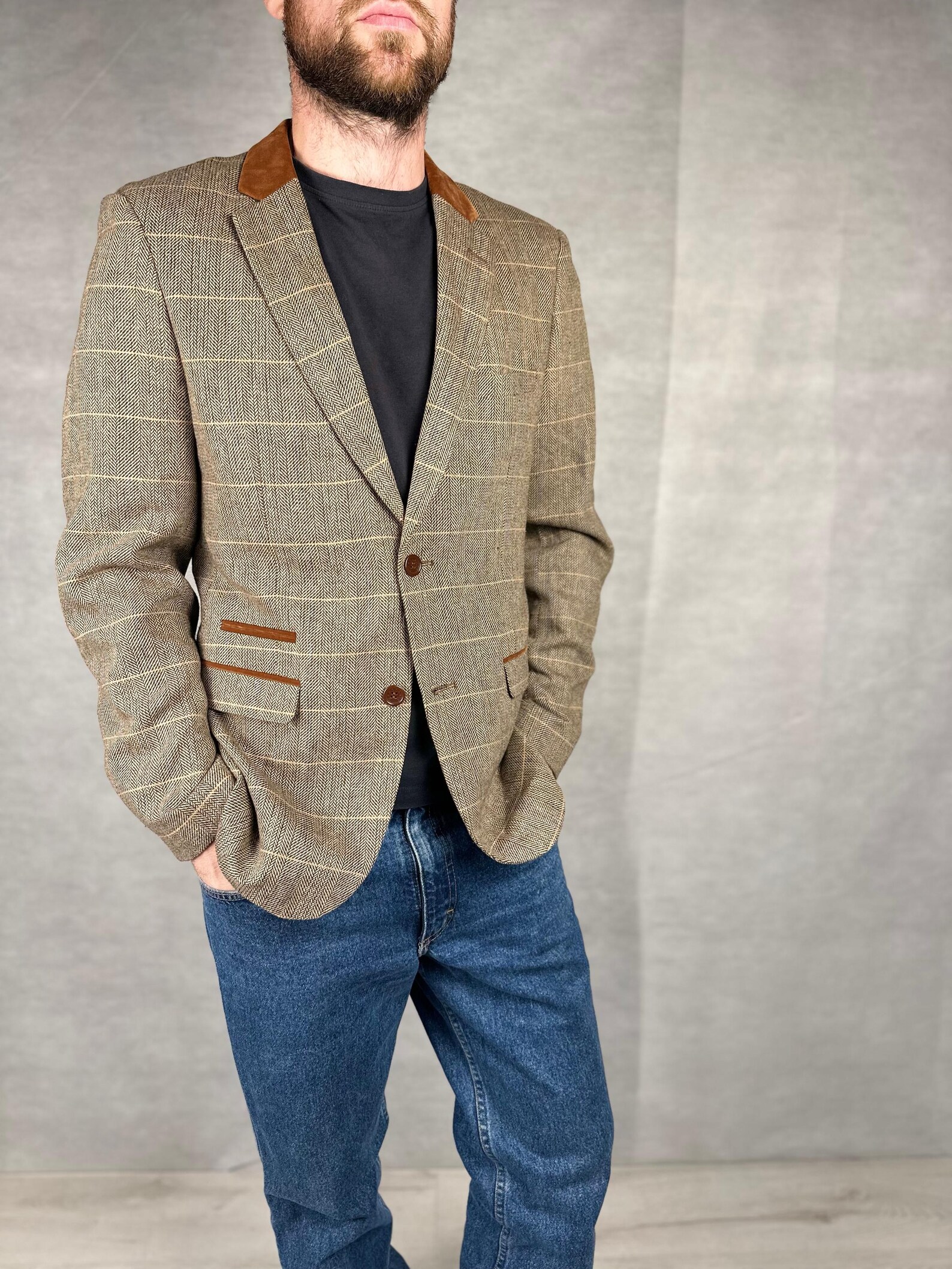 DX7 Tan Tweed Check Blazer, Vintage English Blazer, Classic English ...