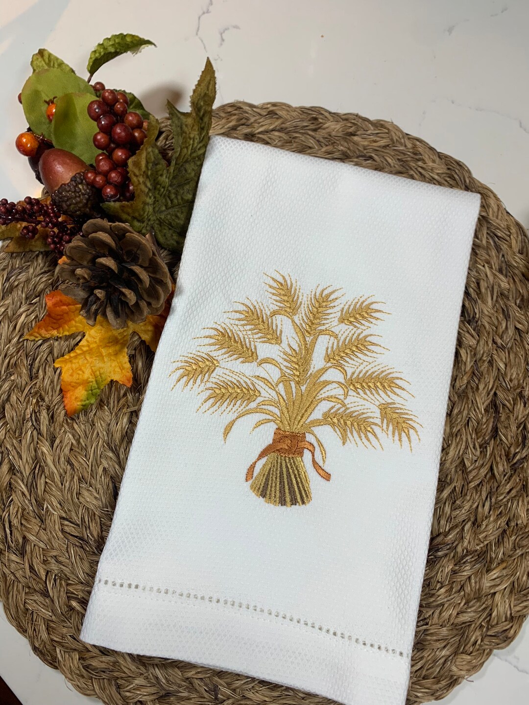 Embroidered Huck Guest or Kitchen Towel, Fall Wheat Bundle - Etsy