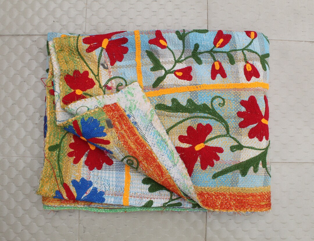 Vintage Suzani Quilt: Indian Cotton Blanket Throw, Handmade Embroidery ...