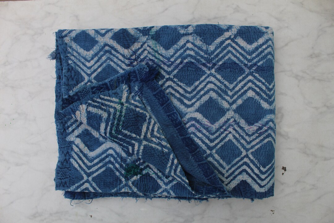 Indigo Hand Block Kantha Quilts/indian Hand Dyed/recycle Fabric Quilt ...