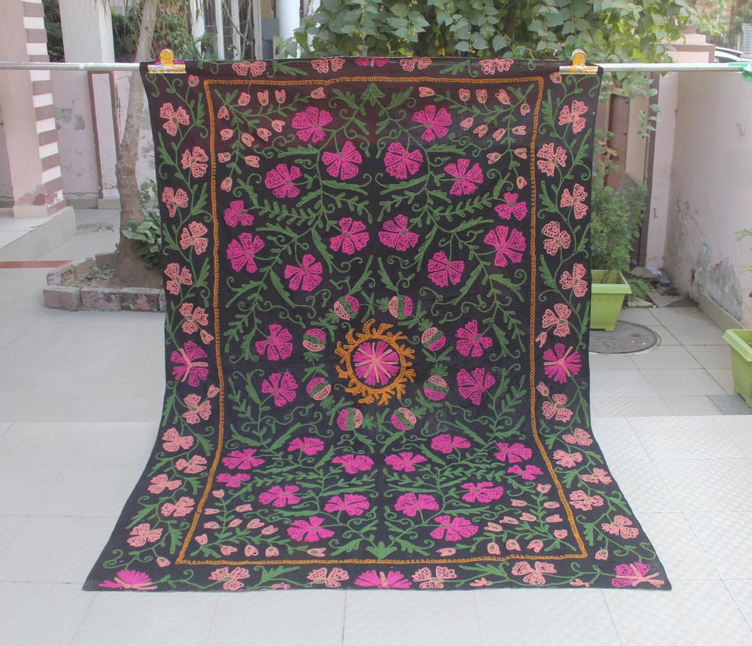 Vintage Suzani Kantha Quilt | Hand Embroidered Floral Bedspread - Etsy