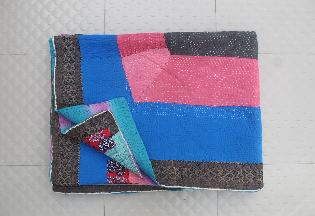 Vibrant Patchwork Kantha Quilt | Reversible Boho Cotton Bedspread - Etsy