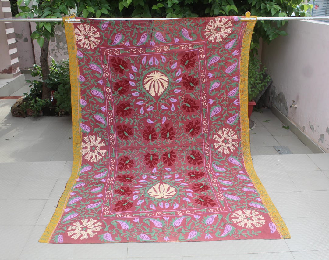 Vintage Kantha Suzani Quilt: Hand-embroidered Floral Throw, Reversible ...