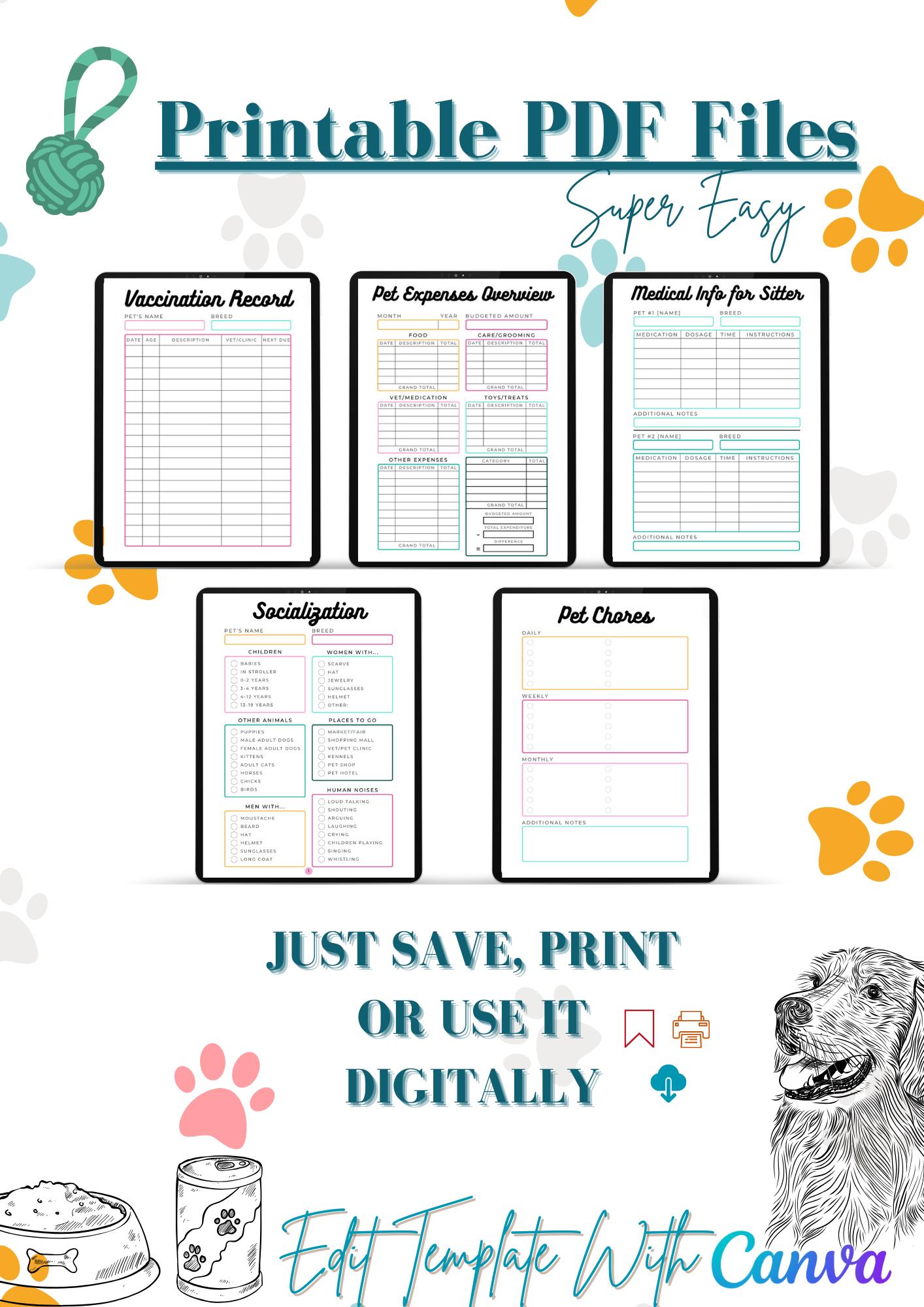 All in One Pet Care Planner Printable Pet Workbook Pet Checklists Pet ...