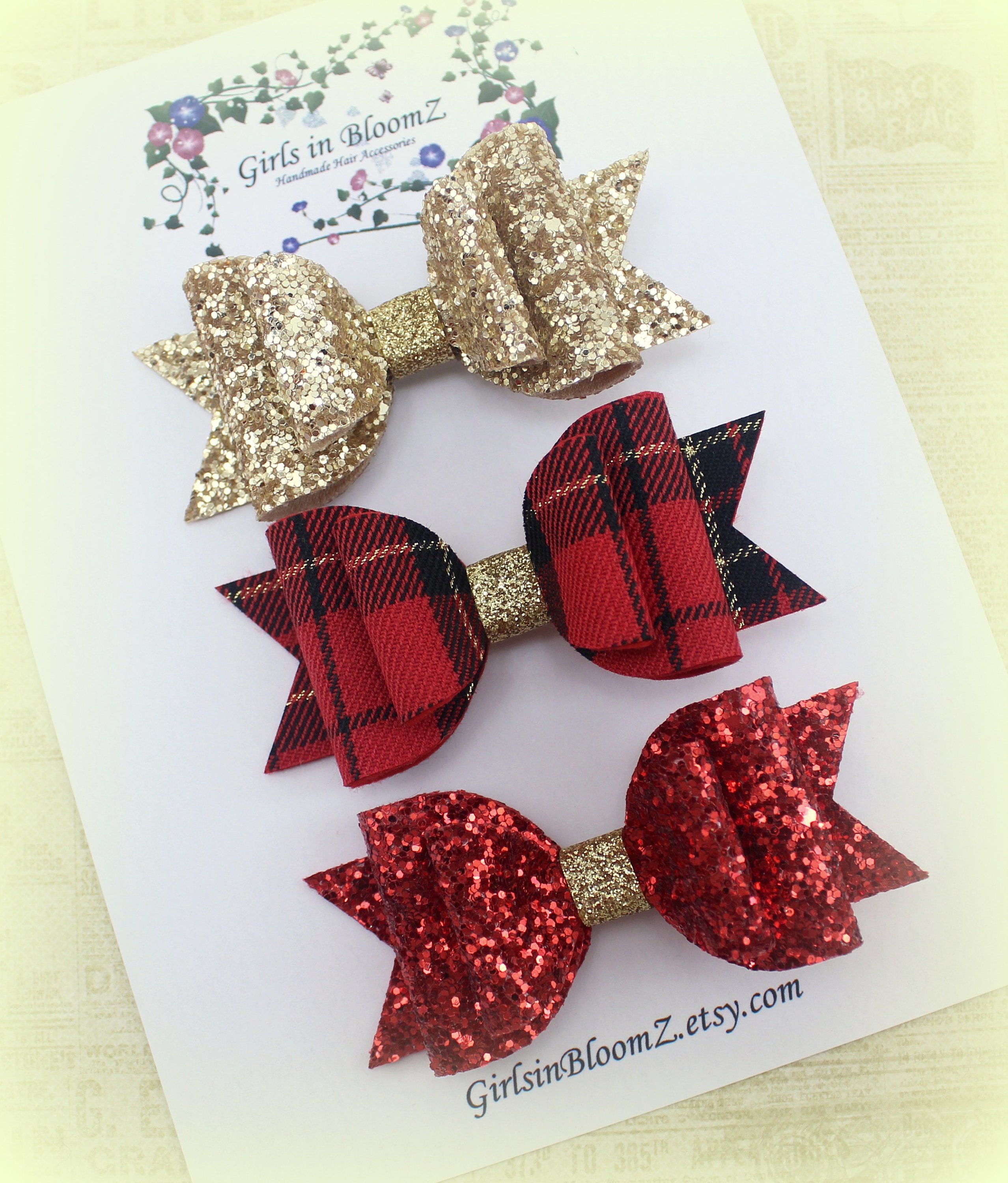 Christmas Hair Bows Set/girls Glitter Hair Bow/gold Glitter - Etsy