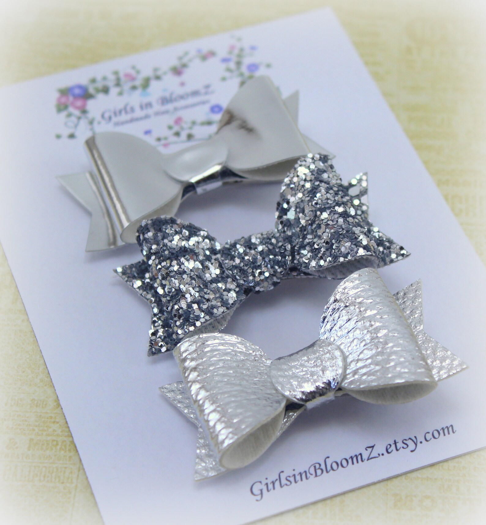 Girls silver glitter bows/Small baby hair bows/Silver glitter | Etsy
