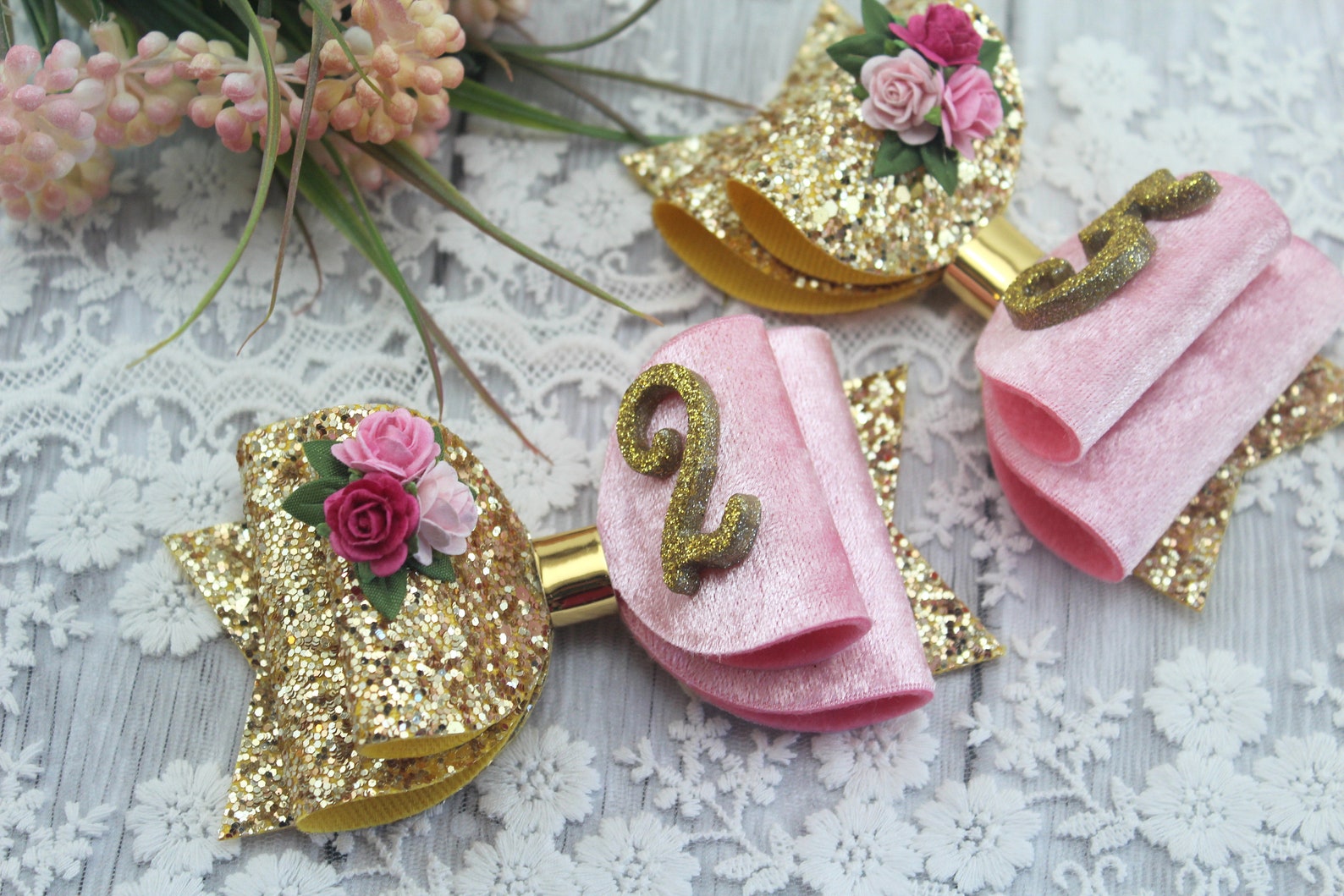 Birthday Hair Bow/pink & Gold Hair Bow/number Hair Bow/glitter | Etsy