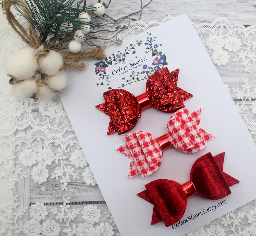 Red Gingham Hair Bows: Glitter, Velvet, School Hair Clips - Set of 3 - Etsy