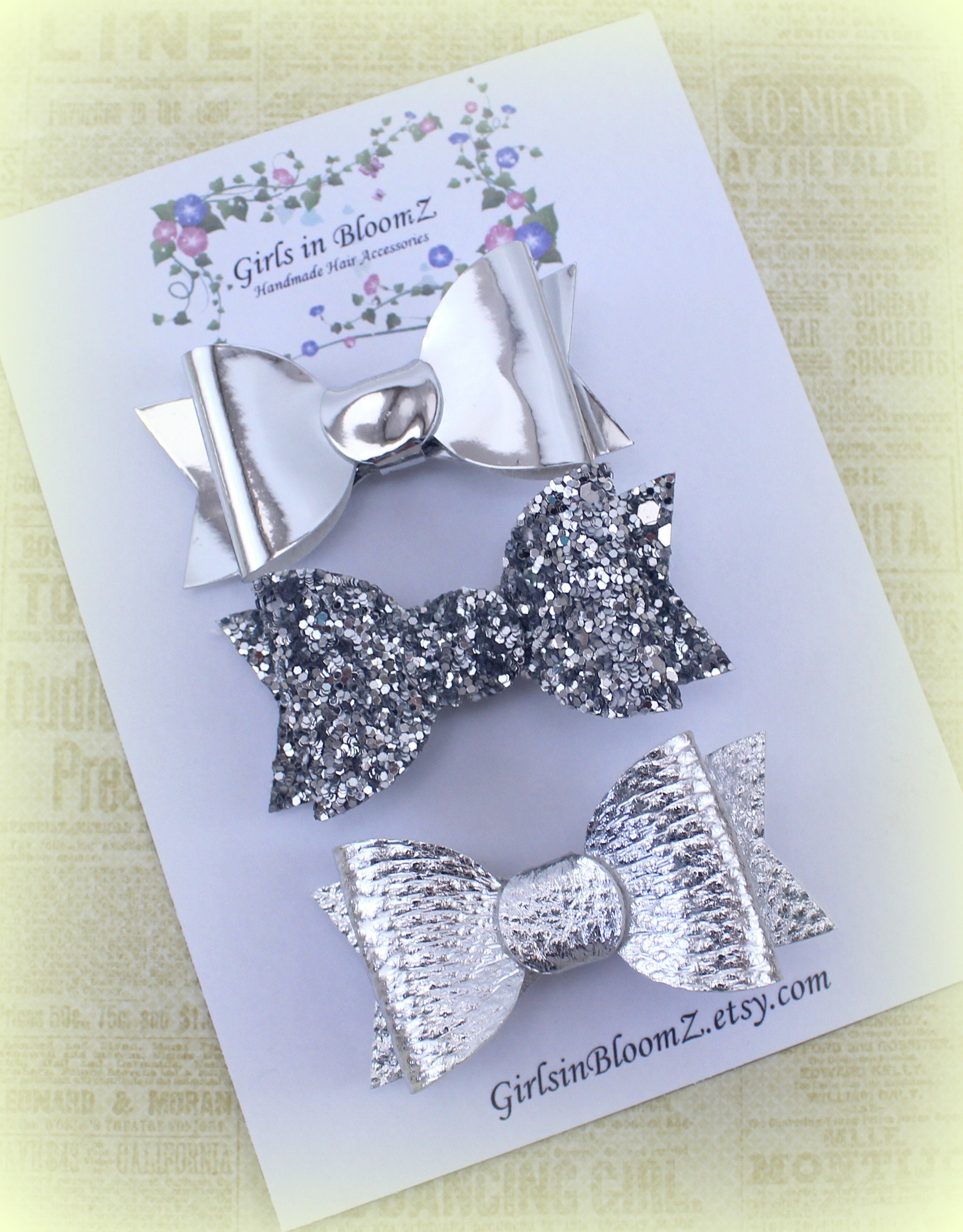 Girls silver glitter bows/Small baby hair bows/Silver glitter | Etsy