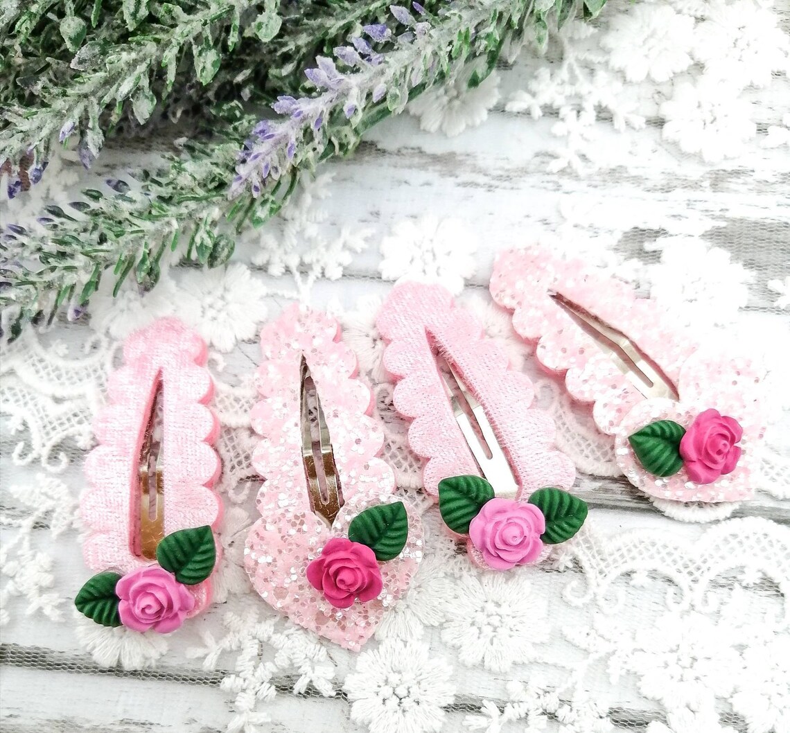Snap clips set-Small hair clips-Glitter snap clips-Pink rose | Etsy