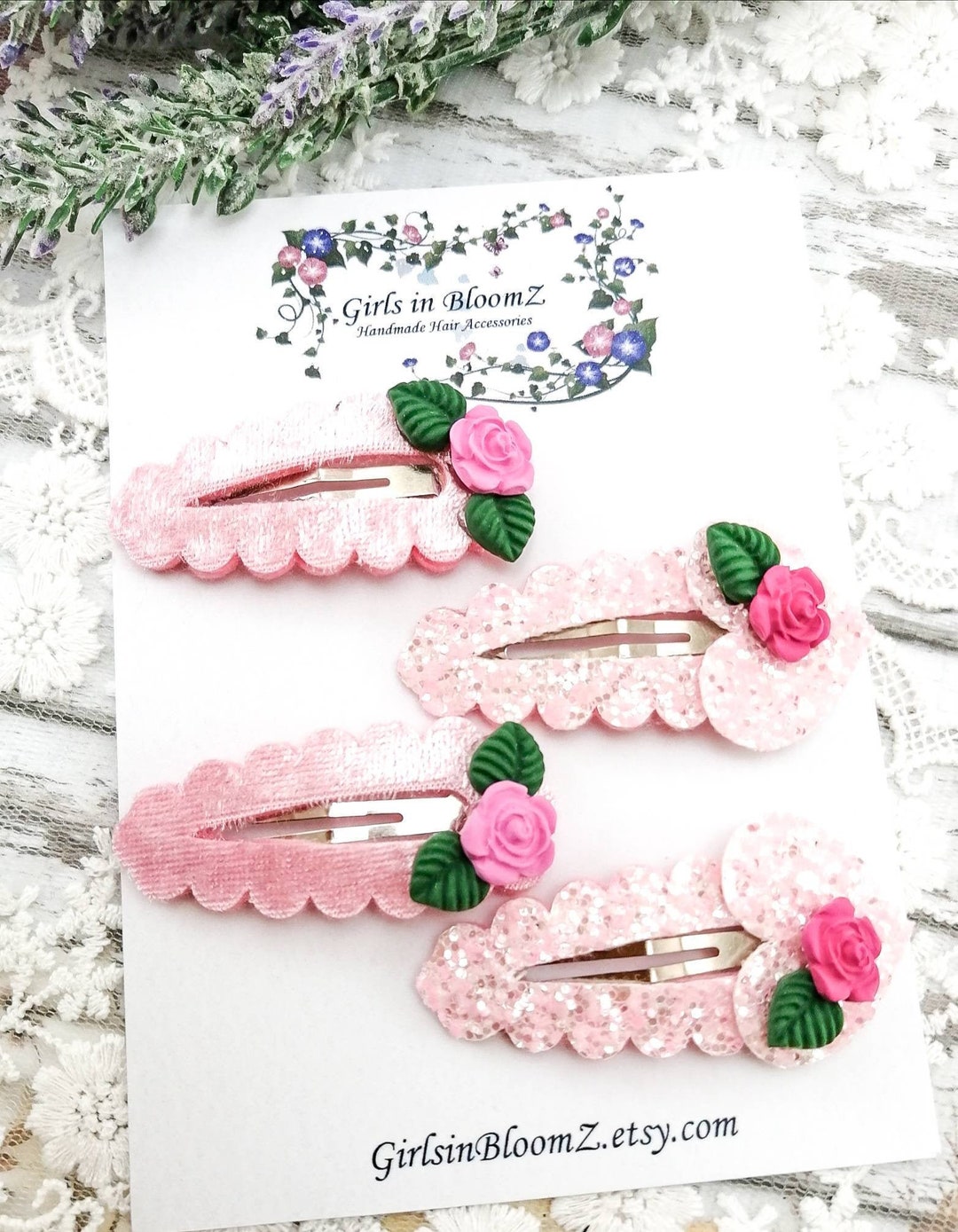 Snap Clips Set-small Hair Clips-glitter Snap Clips-pink Rose Hair Clips ...