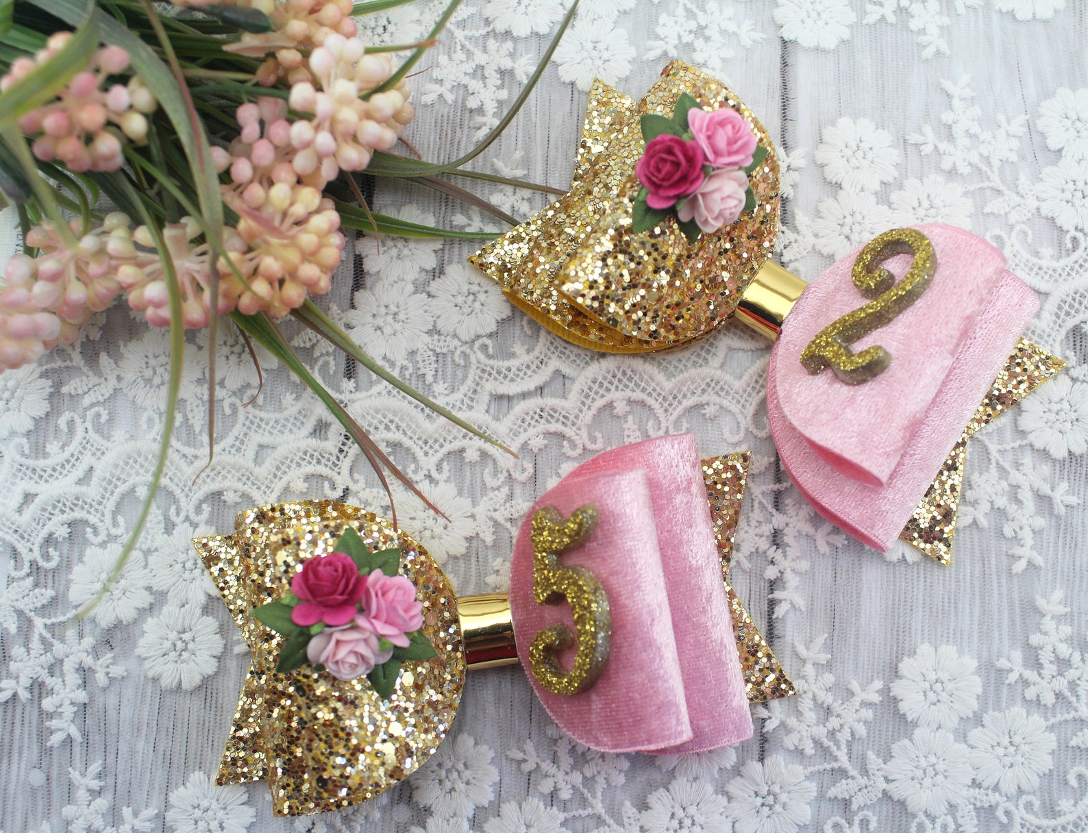 Birthday Hair Bow/pink & Gold Hair Bow/number Hair Bow/glitter | Etsy