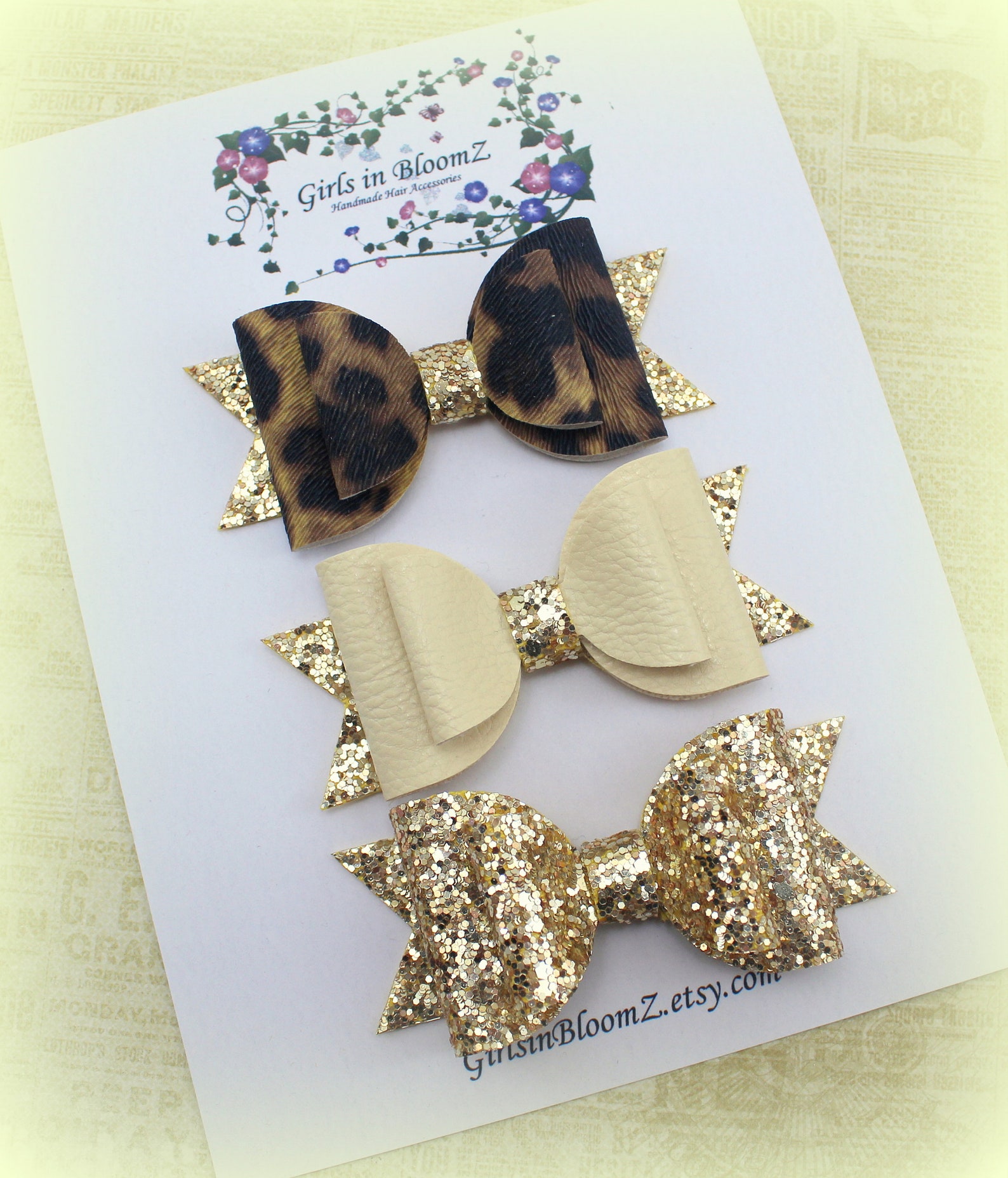 Gold Glitter Hair Bows/leather Bows/girl's Hair Bows/set | Etsy