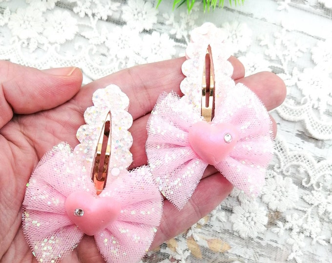 Pink Heart Hair Clips Snap Clips Set Small Hair Clips Glitter Snap