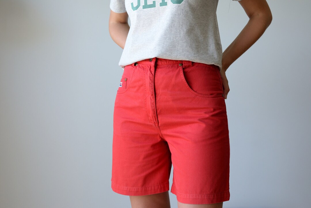Vintage High Waisted Denim Mom Shorts In Bright Red Etsy