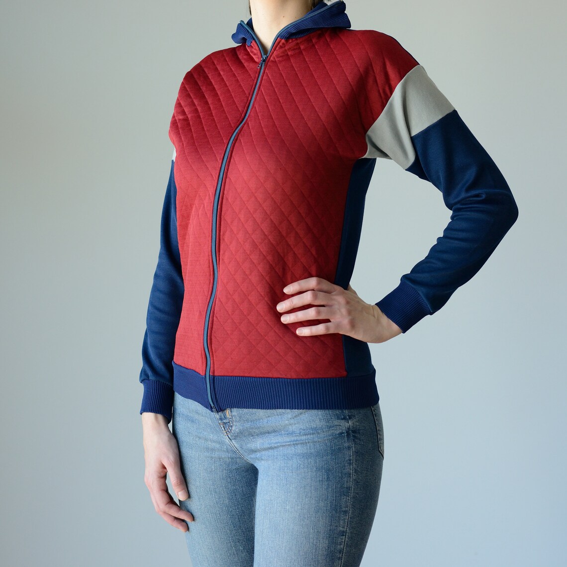 Vintage 70s Zip up Jumper in Color Blocks Quilted Front - Etsy