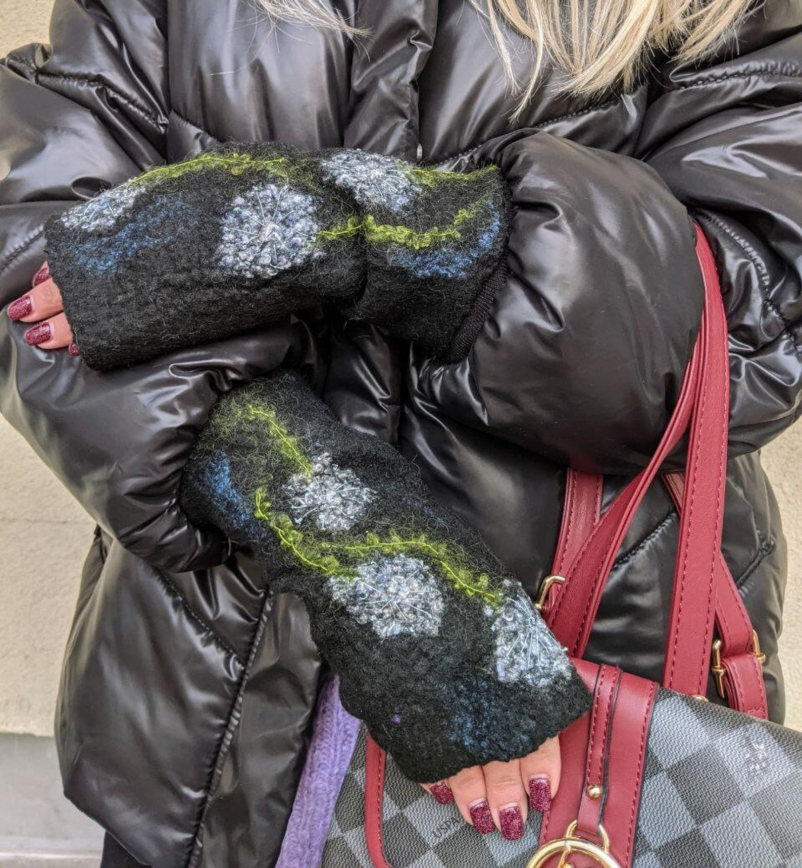 Women Wool Mittens With Dandelion, Felted Fingerless Gloves, Hand ...
