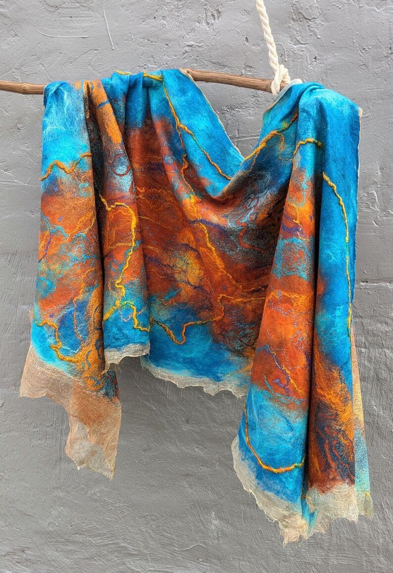 Luxury Wool and Silk Women's Shawl, Nuno Felted Wrap, Unique Brightly ...