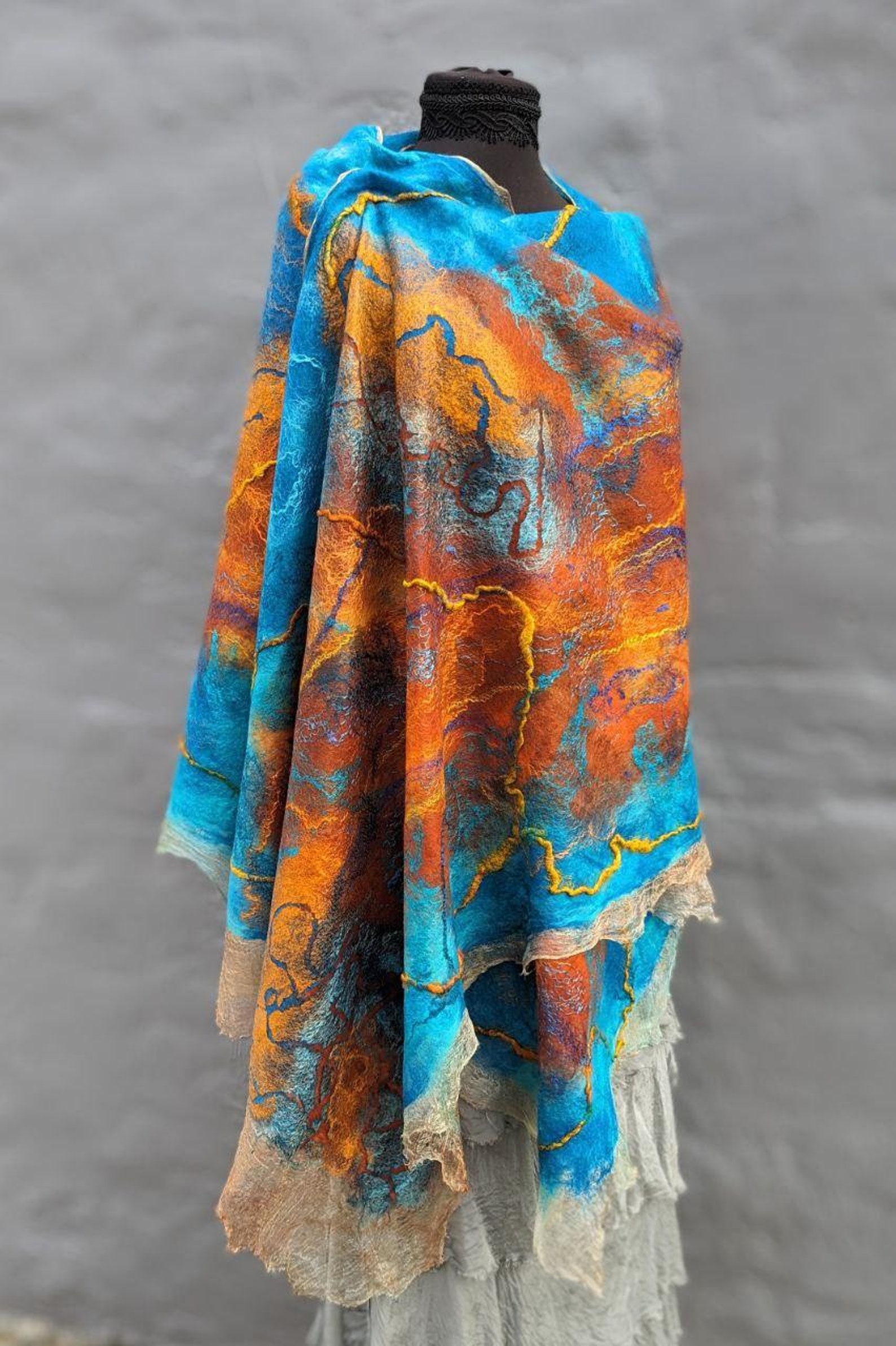 Luxury Wool and Silk Women's Shawl, Nuno Felted Wrap, Unique Brightly ...