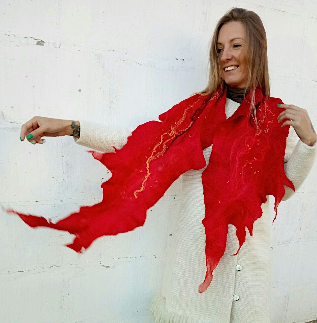 Felted Flame-red Scarf Fire Nuno Felted Collar Bohemian Inspired Style ...