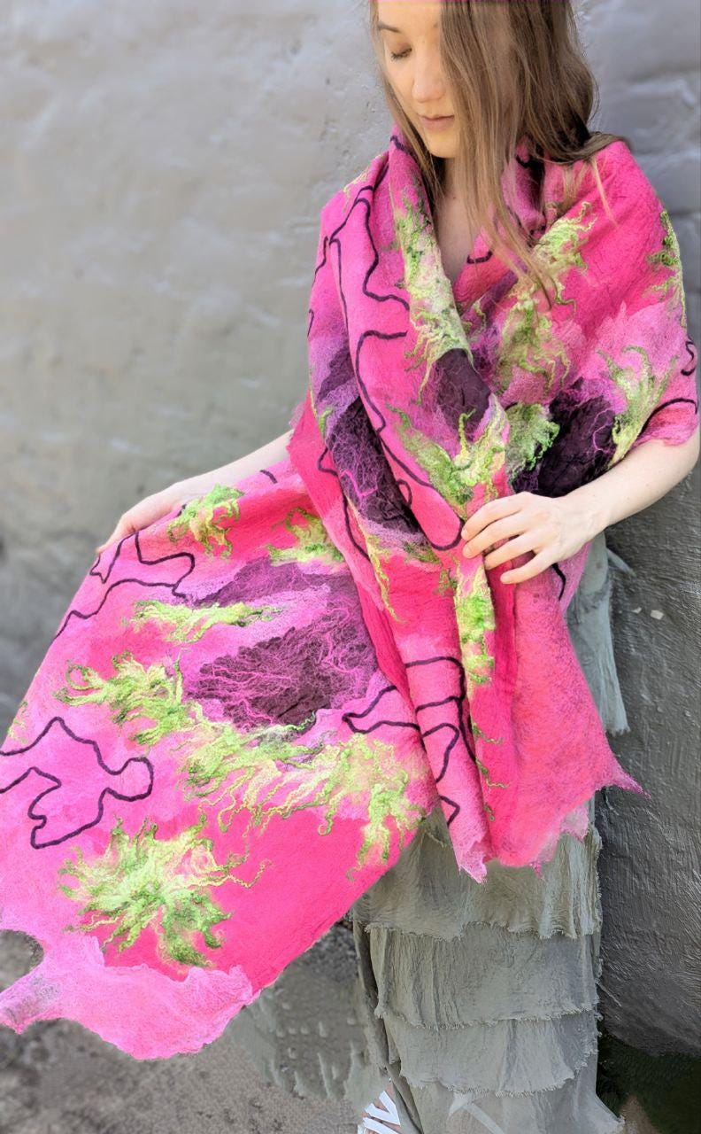 Large Luxury Feminine Cozy Felted Shawl, Chic Boho Wrap With Whimsical ...
