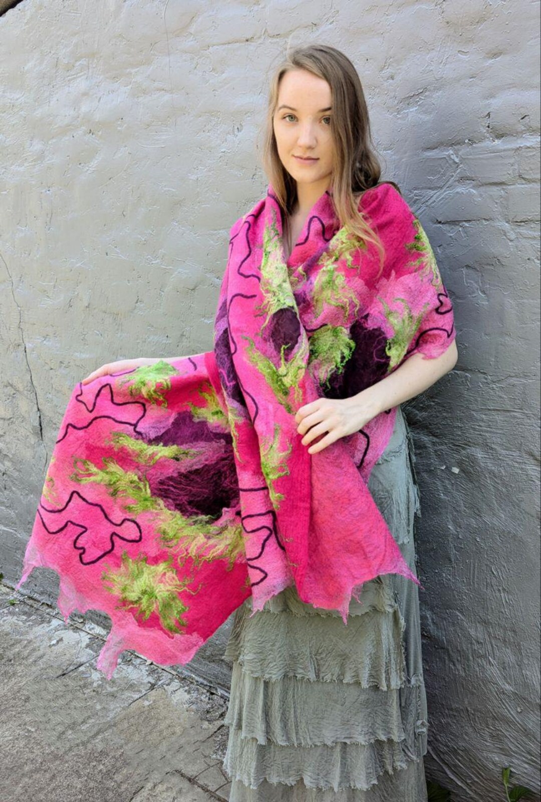 Large Luxury Feminine Cozy Felted Shawl, Chic Boho Wrap With Whimsical ...