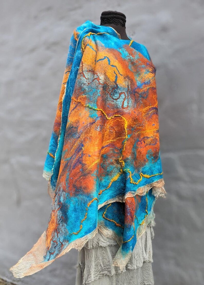 Luxury Wool and Silk Women's Shawl, Nuno Felted Wrap, Unique Brightly ...