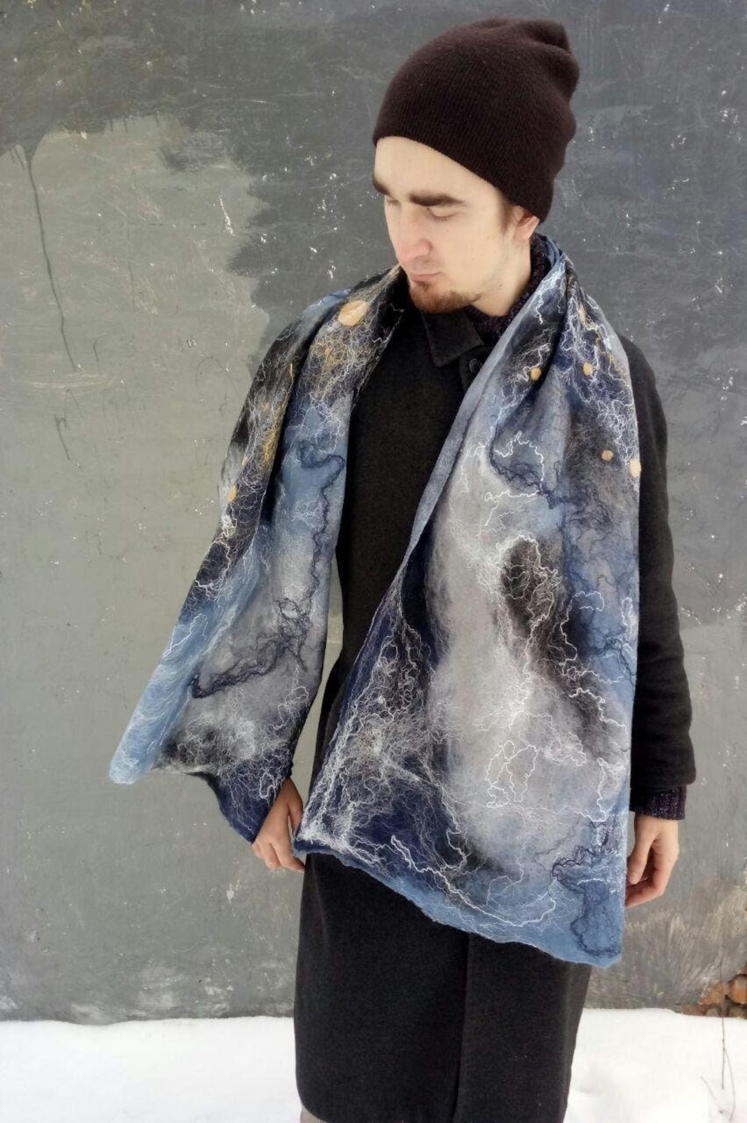 Navy Blue and Gray Nuno Felt Scarf, Unique Warm Cozy Muffler, Fashion ...