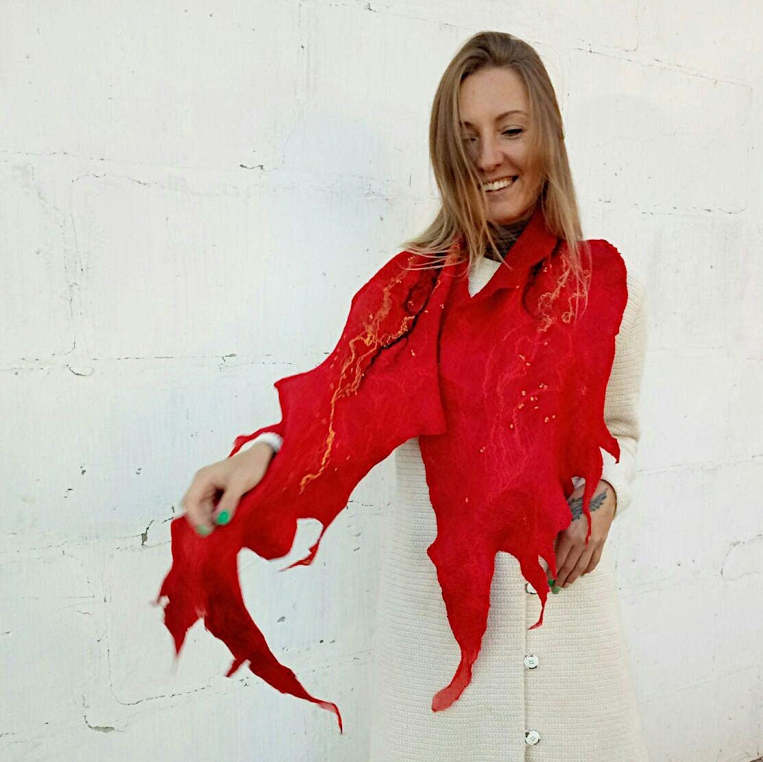 Felted Flame-red Scarf Fire Nuno Felted Collar Bohemian Inspired Style ...