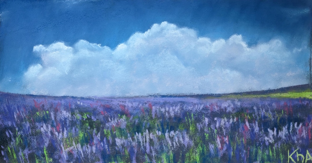 Lavender Field Pastel Painting With Blue Sky and Clouds - Etsy