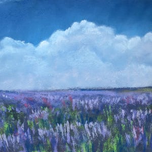 Lavender Field Pastel Painting With Blue Sky and Clouds - Etsy
