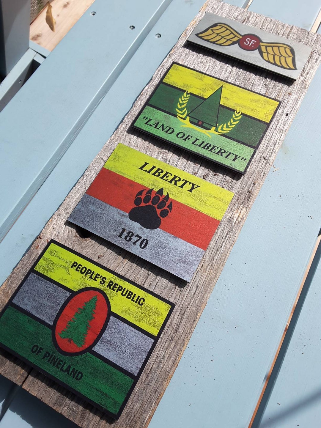 Brushed Aluminum Jedburgh Wings and Pineland Flag Prints on Barnwood ...