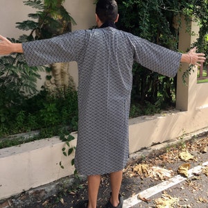 Black Summer Japanese Long Kimono Jacket/top, Happi Coat, Seigaiha Wave ...