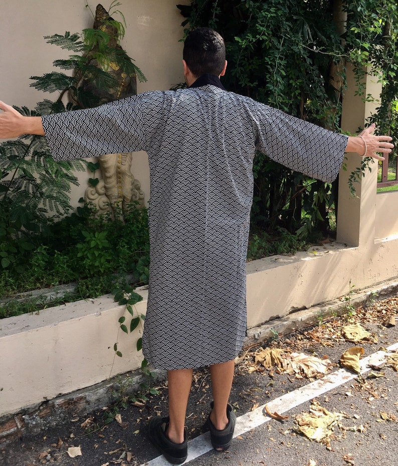 Black Summer Japanese Long Kimono Jacket/top, Happi Coat, Seigaiha Wave ...