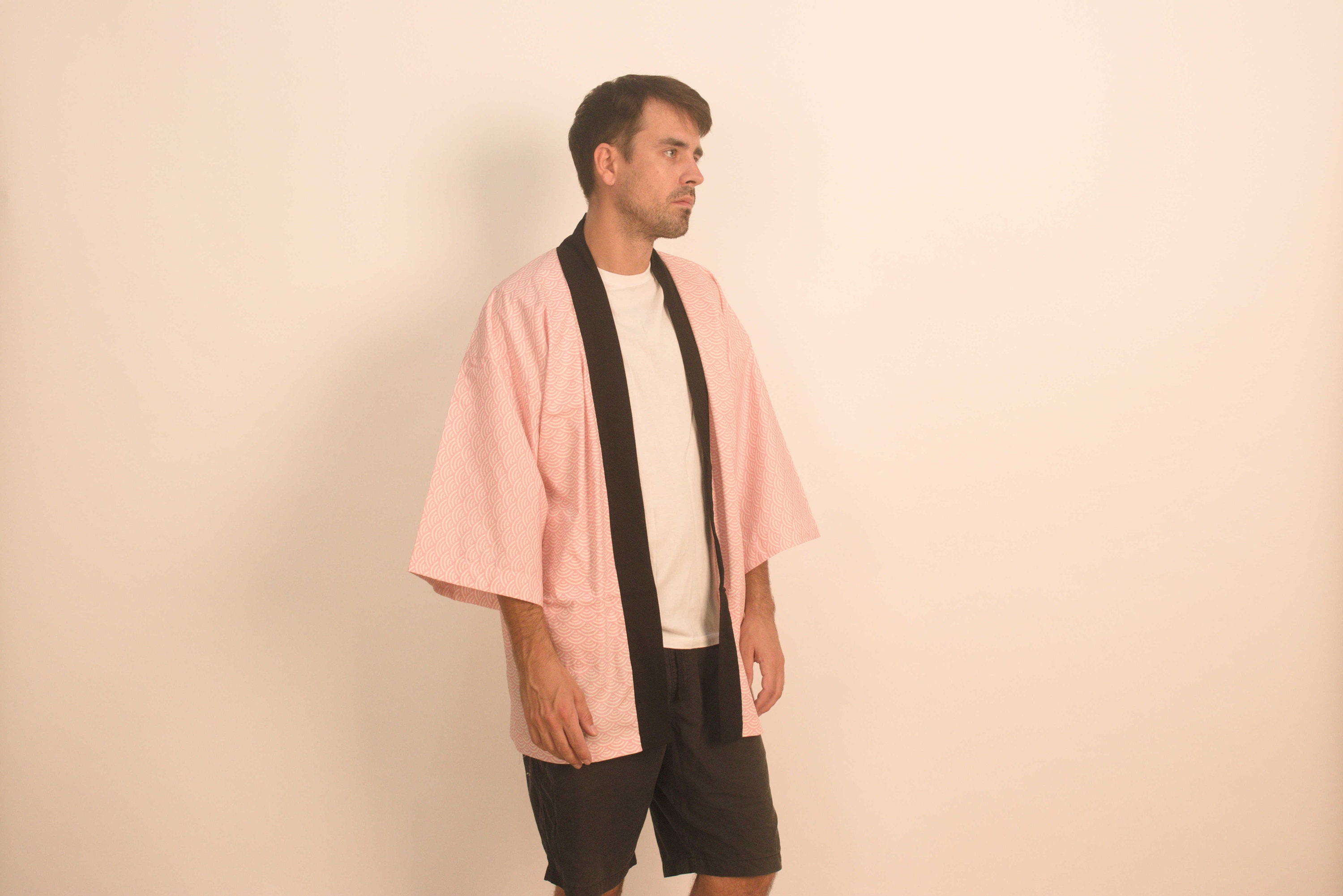 Pink Summer Japanese Kimono Jacket/top, Happi Coat, Seigaiha Wave ...