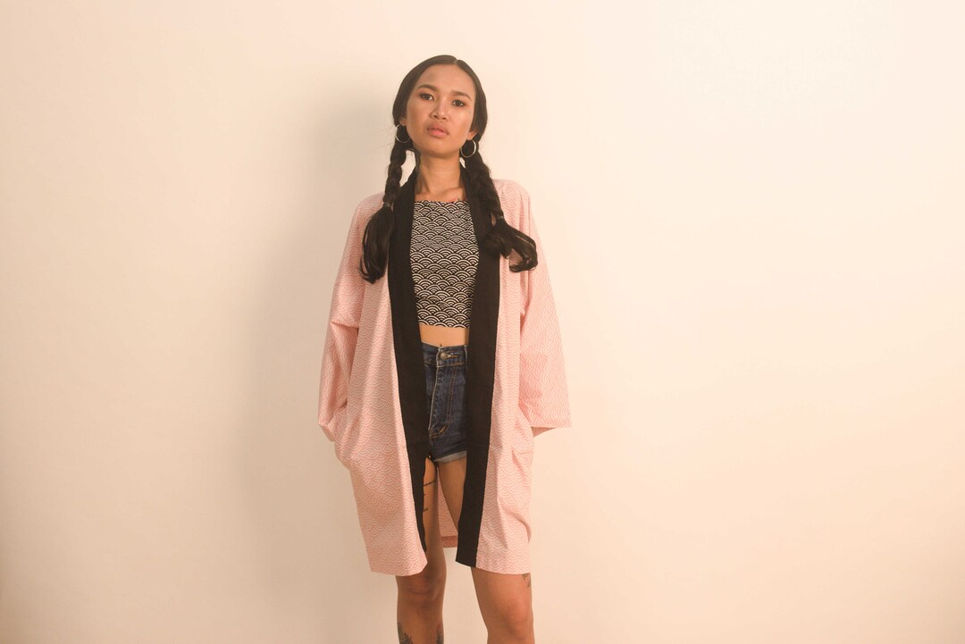 Pink Summer Japanese Kimono Jacket/top, Happi Coat, Seigaiha Wave ...